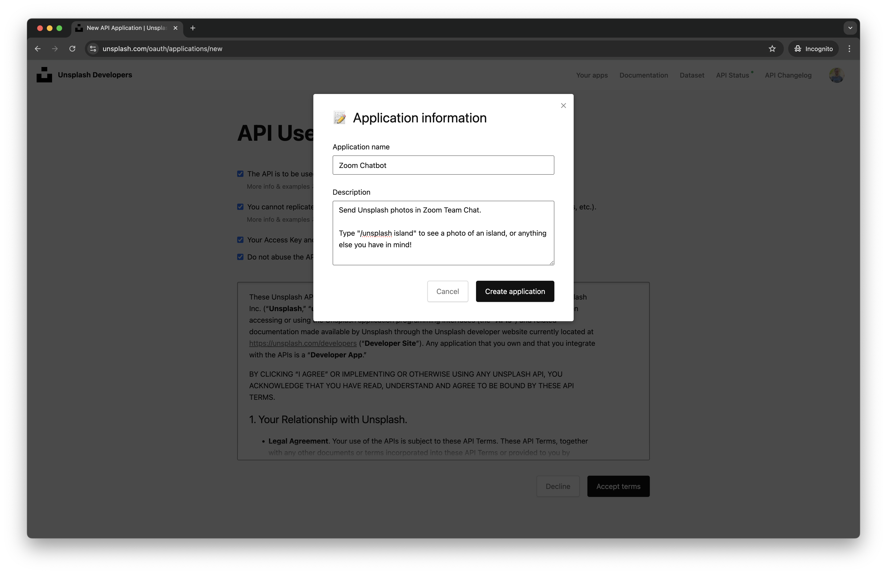 Unsplash Chatbot for Zoom Team Chat