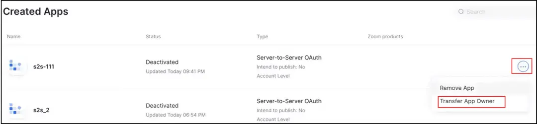 Transfer server-to-server app ownerhsip - Distribute - Zoom Developer Docs